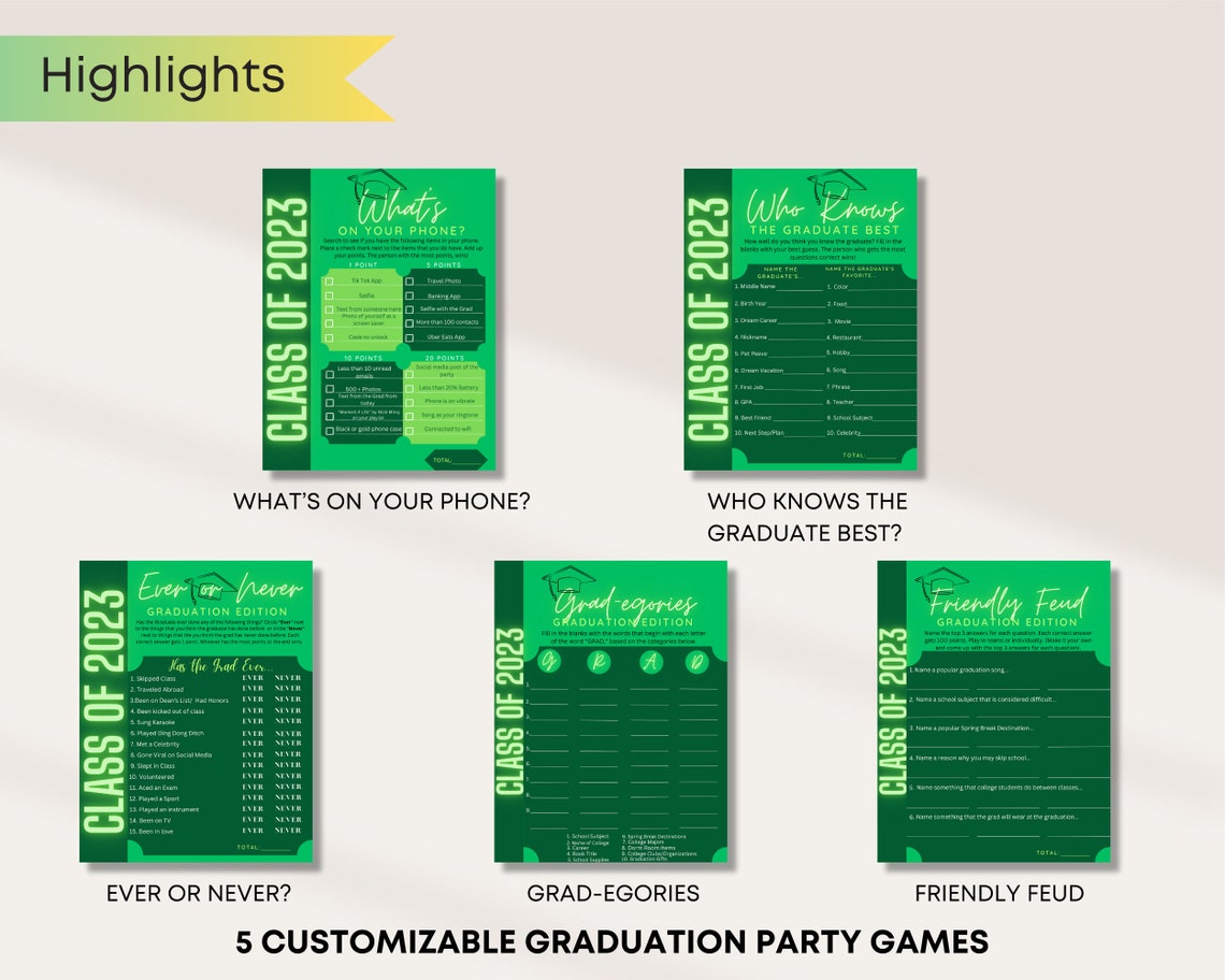 Editable 2023 Graduation Party Games Bundle, 5 Graduation 1 Sided ...