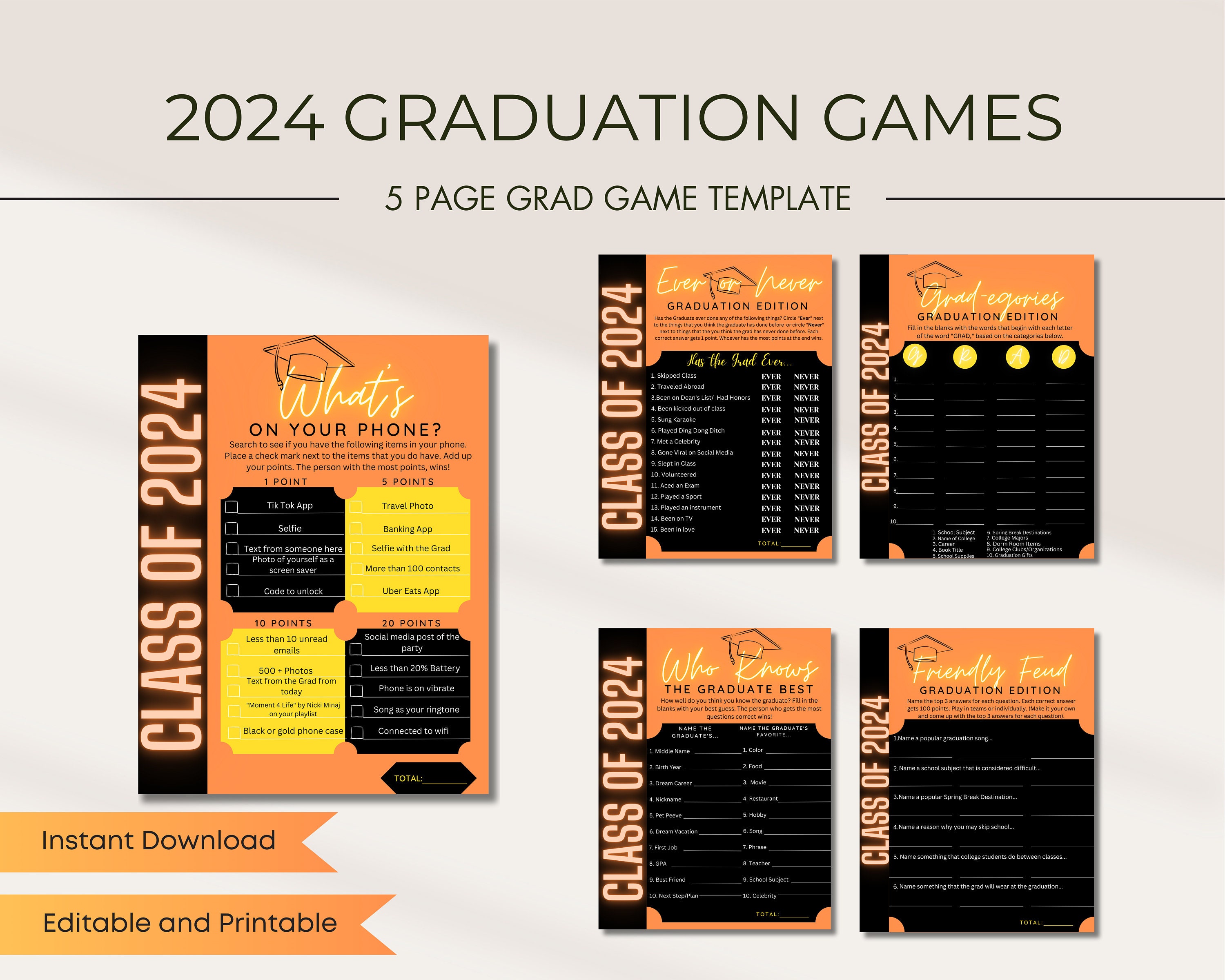 Editable 2024 Graduation Party Games Bundle, 5 Graduation 1 Sided ...