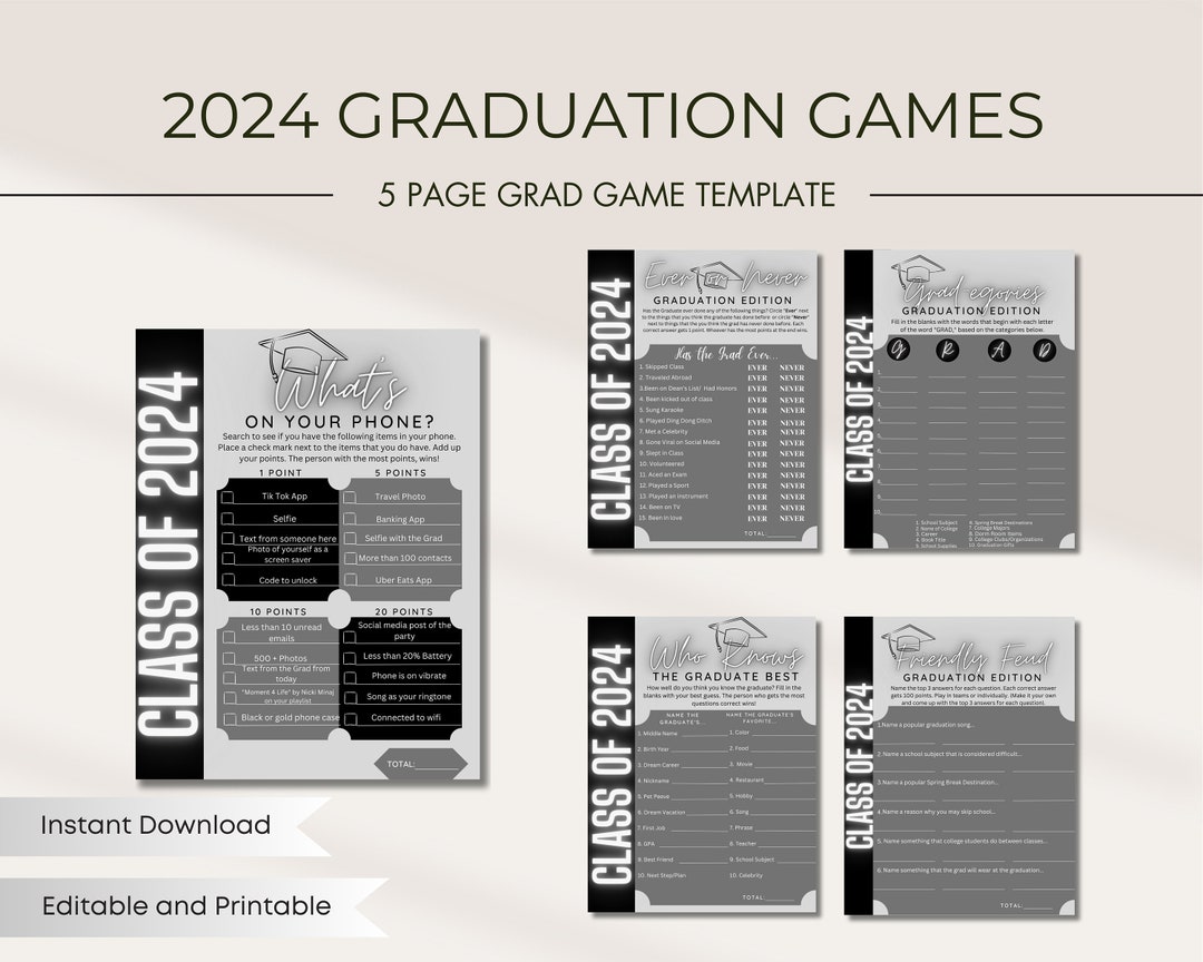 Editable 2024 Graduation Party Games Bundle, 5 Graduation 1 Sided ...
