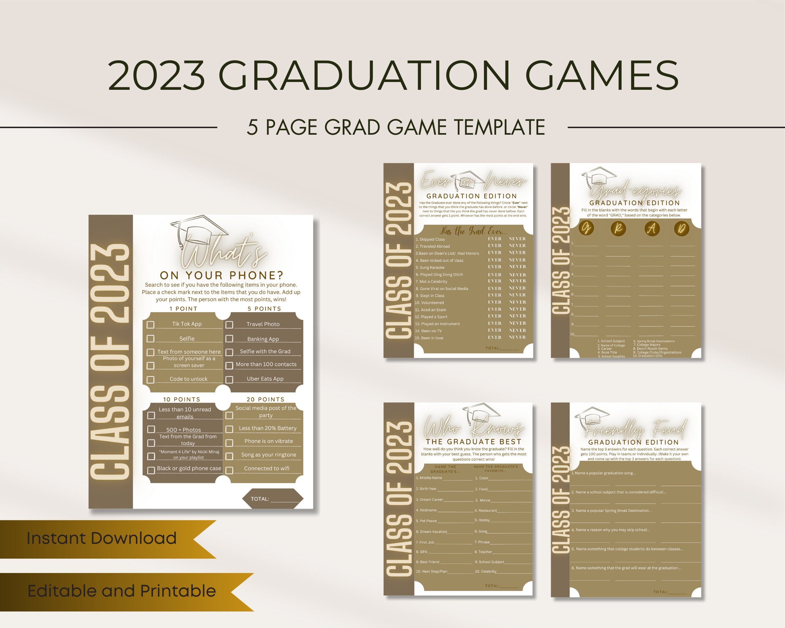 Editable 2023 Graduation Party Games Bundle, 5 Graduation 1 Sided ...