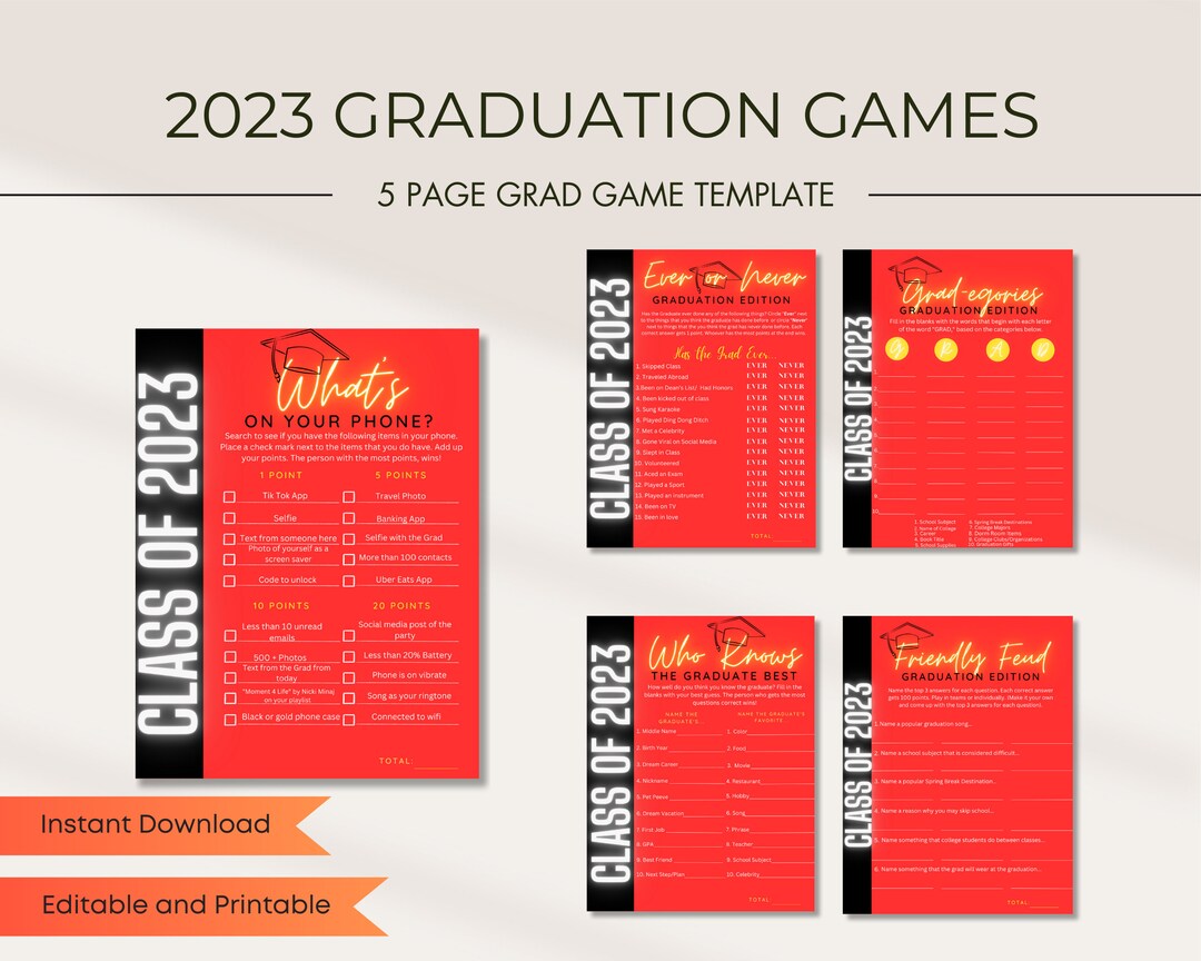 Editable 2023 Graduation Party Games Bundle, 5 Graduation 1 Sided ...