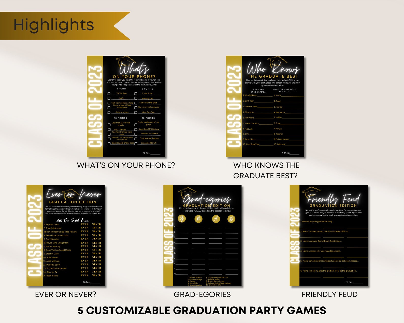 Editable 2023 Graduation Party Games Bundle, 5 Graduation 1 Sided ...