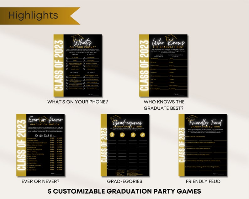 Editable 2023 Graduation Party Games Bundle, 5 Graduation 1 Sided ...