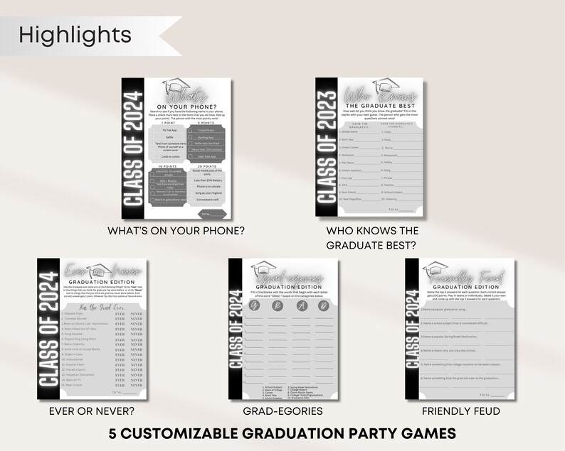 Editable 2024 Graduation Party Games Bundle, 5 Graduation 1 Sided ...