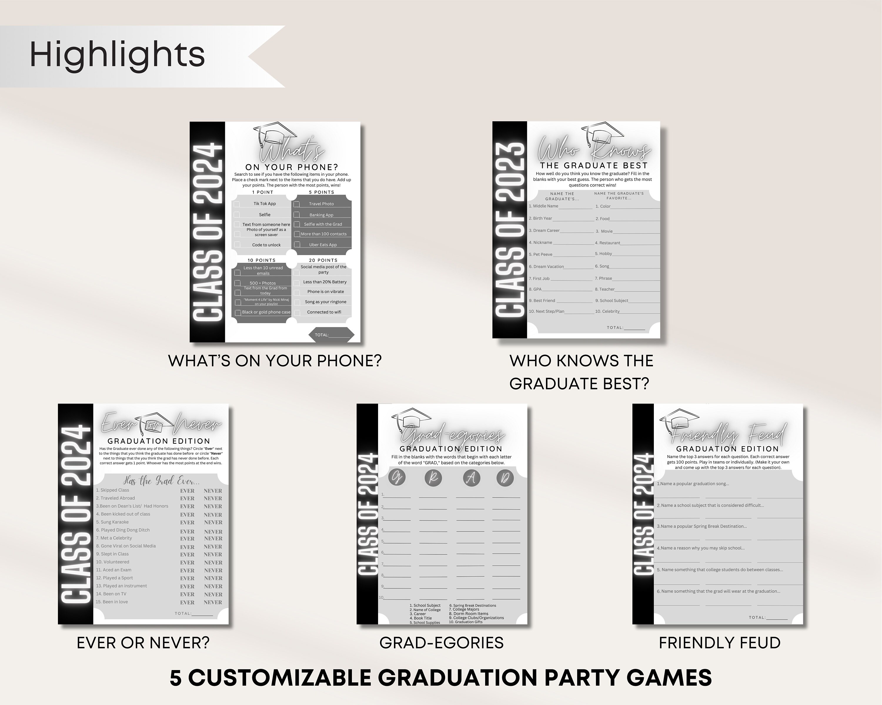 Editable 2024 Graduation Party Games Bundle, 5 Graduation 1 Sided ...