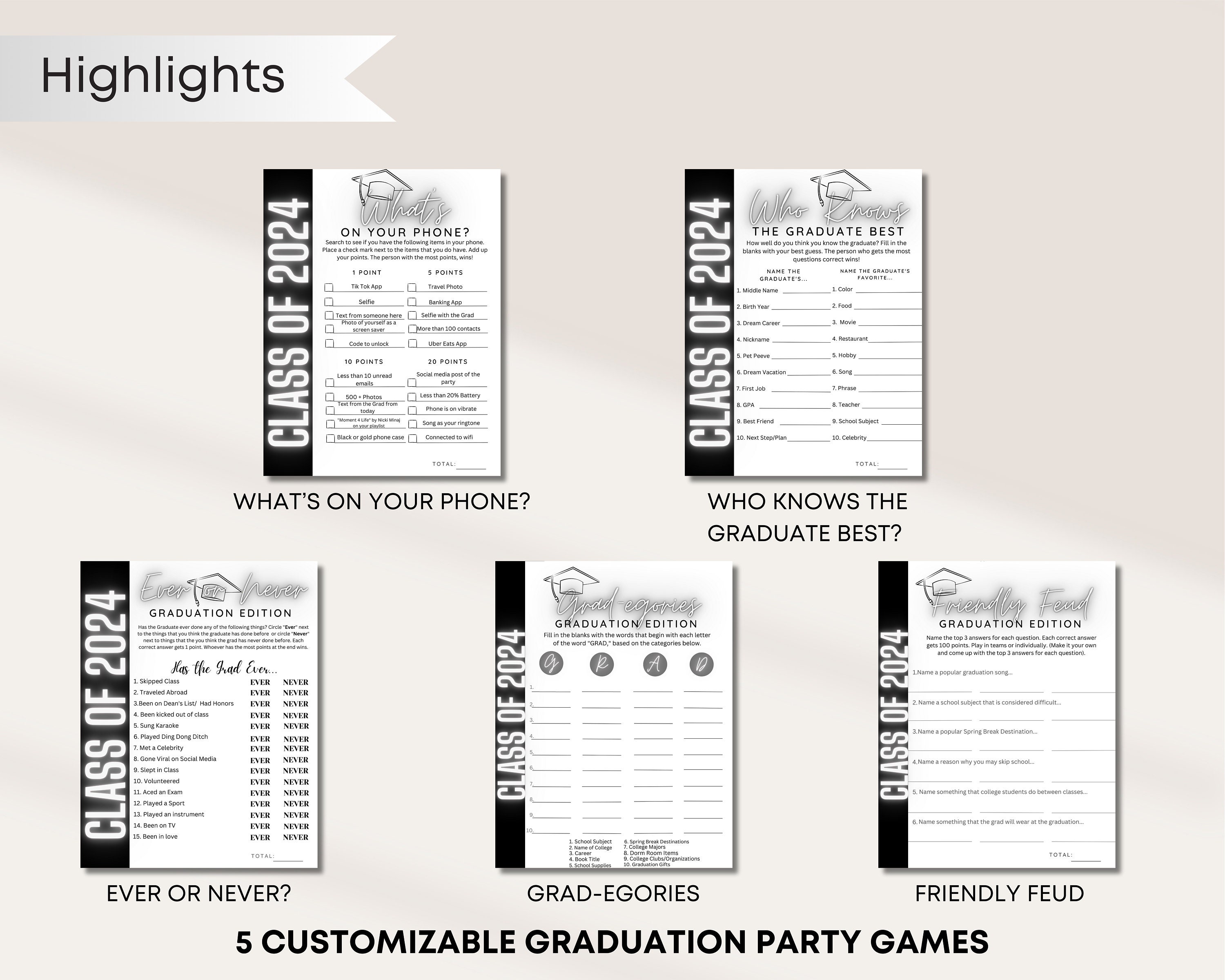 Editable 2024 Graduation Party Games Bundle, 5 Graduation 1 Sided ...
