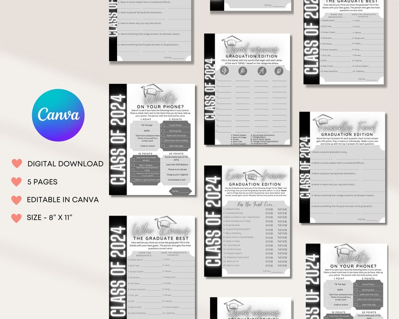 Editable 2024 Graduation Party Games Bundle, 5 Graduation 1 Sided ...
