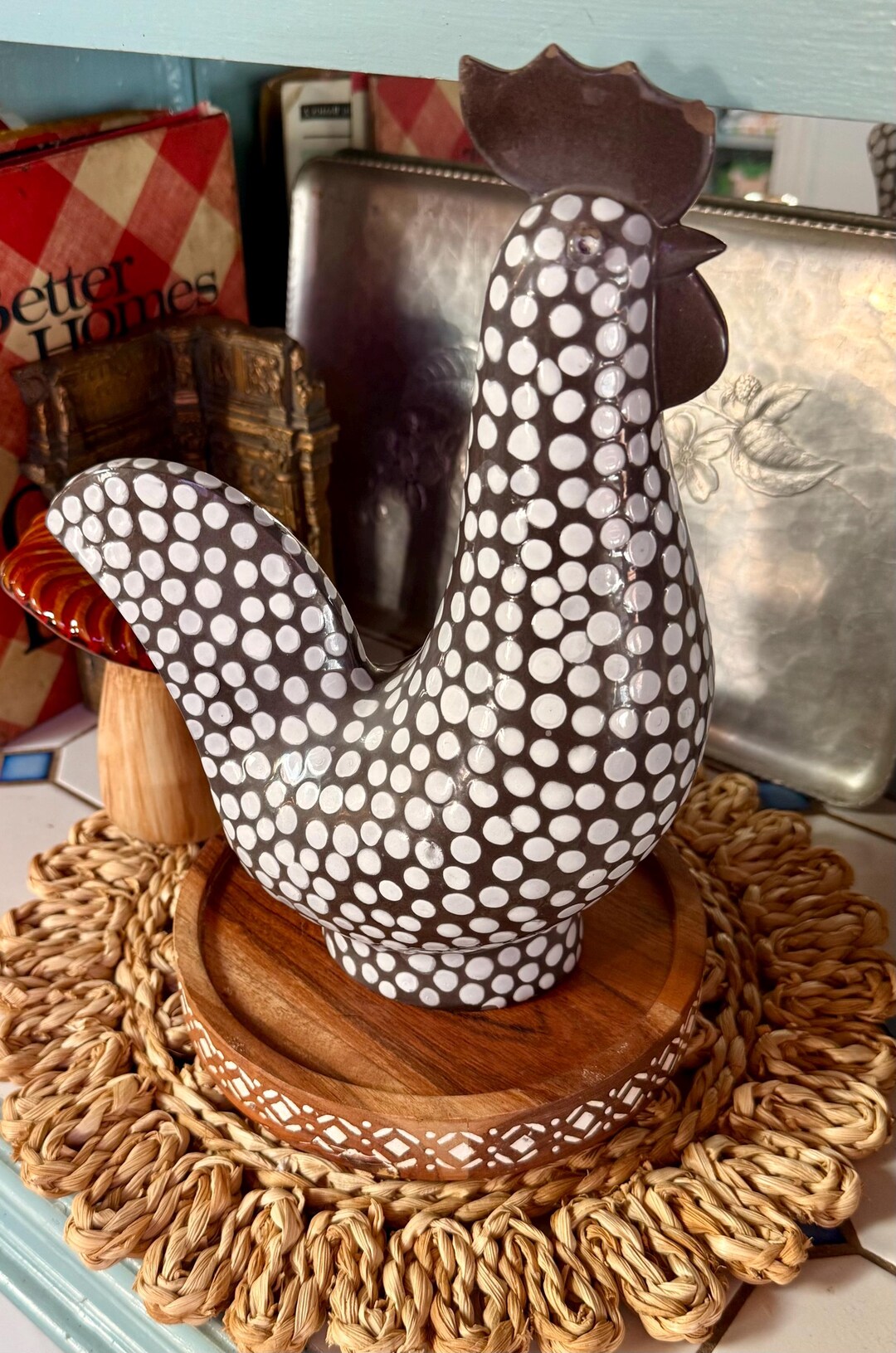 Egger Allan Poe, Funky Chicken Pottery Statue, Kitchen Mascot, Rooster ...