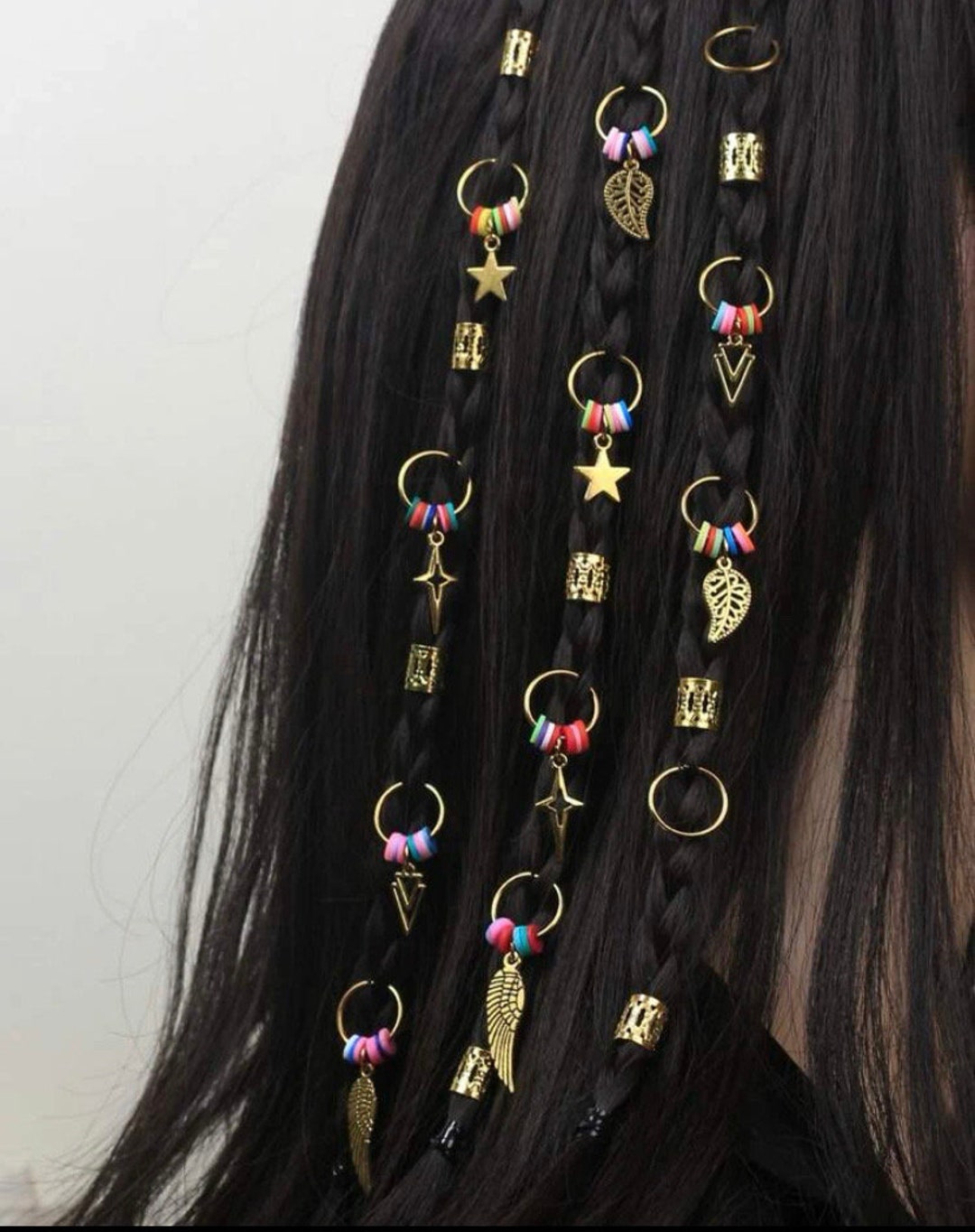 30 Piece Gold Hair Rings With Multicoloured Star Leaf and Wing Charms ...