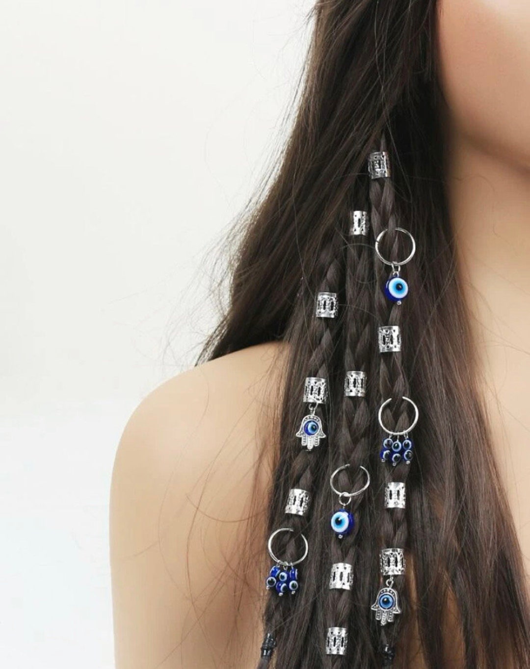 16 Piece Silver Hair Rings and Evil Eye Charms & Hand of Hamsa Charms ...