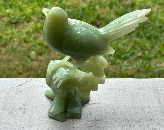 Chinese Carved New Jade Serpentine Bird on Rock – Pale Green Stone ...