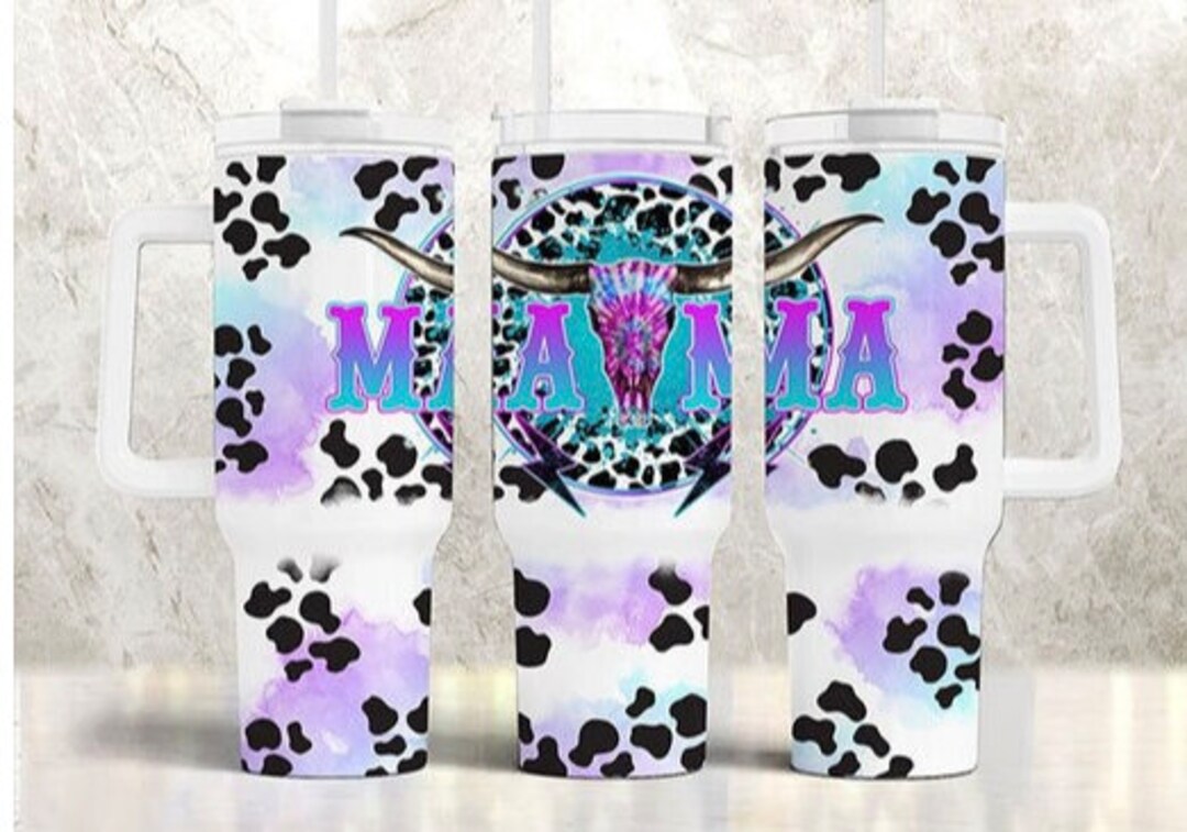 Mama Bull Skull Cow Print Purple and Blue 40 Oz Tumbler With Handle and ...