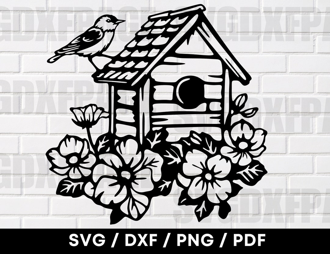 Birdhouse With Bluebird and Flowers SVG DXF PNG, Birdhouse Svg ...