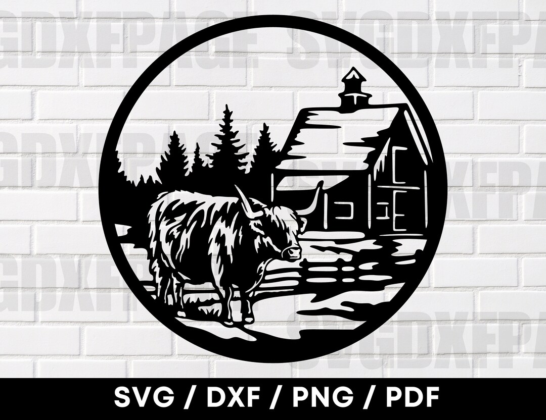 Highland Cow Farm Scene PNG SVG DXF, Highland Cow Svg, Farm Svg, Cow ...