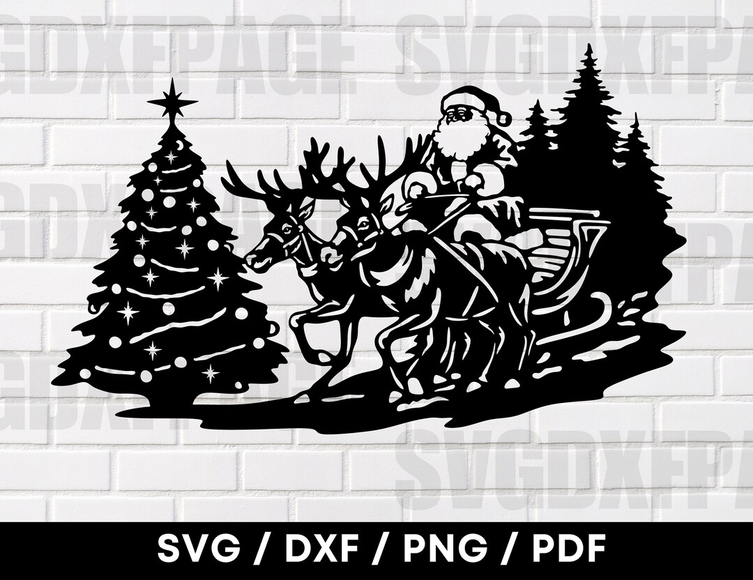 Santa Sleigh and Reindeer Scene SVG PNG DXF, Santa Sleigh Svg, Santa ...