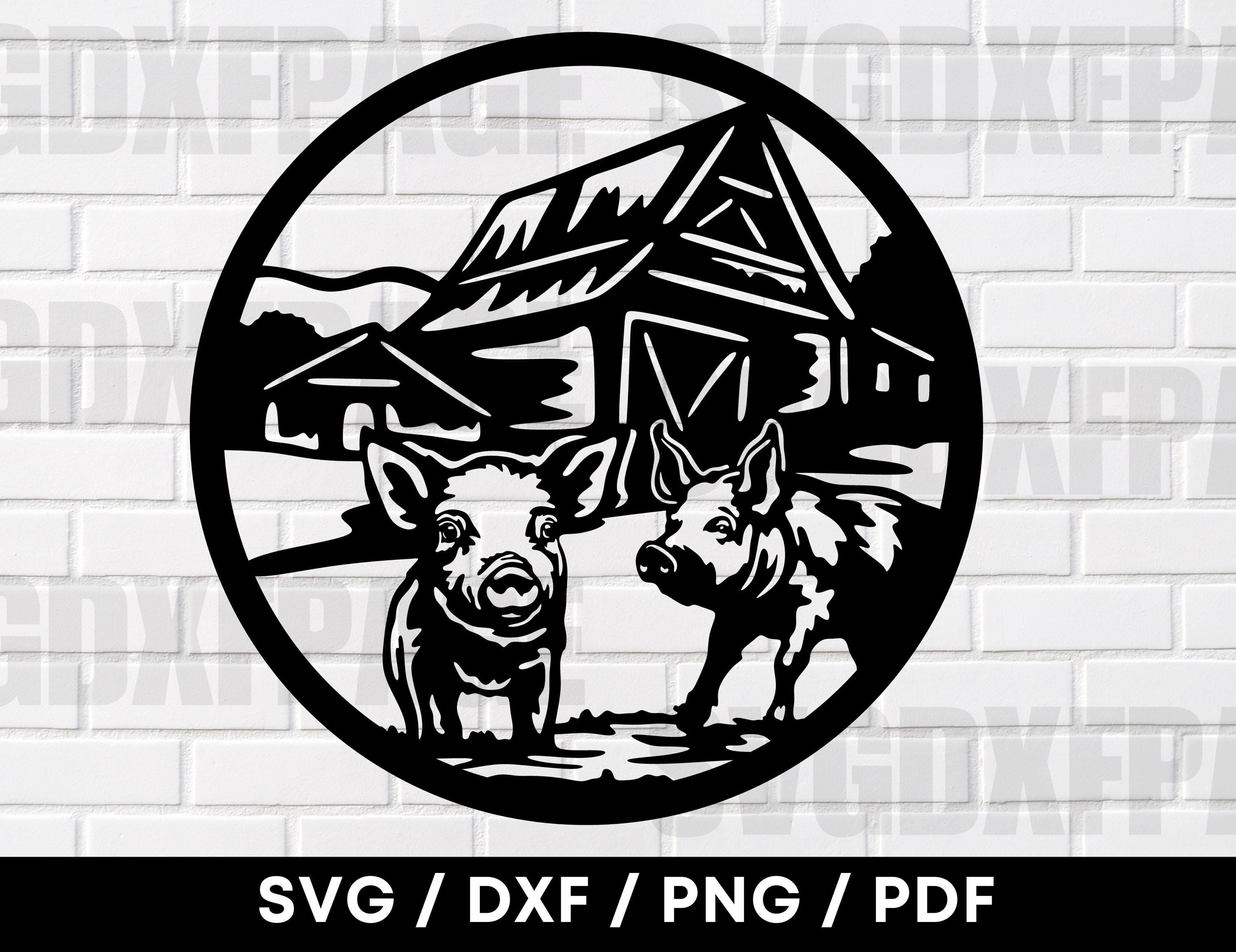 Pigs on A Farm Scene DXF SVG PNG, Plasma Laser Cut File, Pig Svg, Pig ...