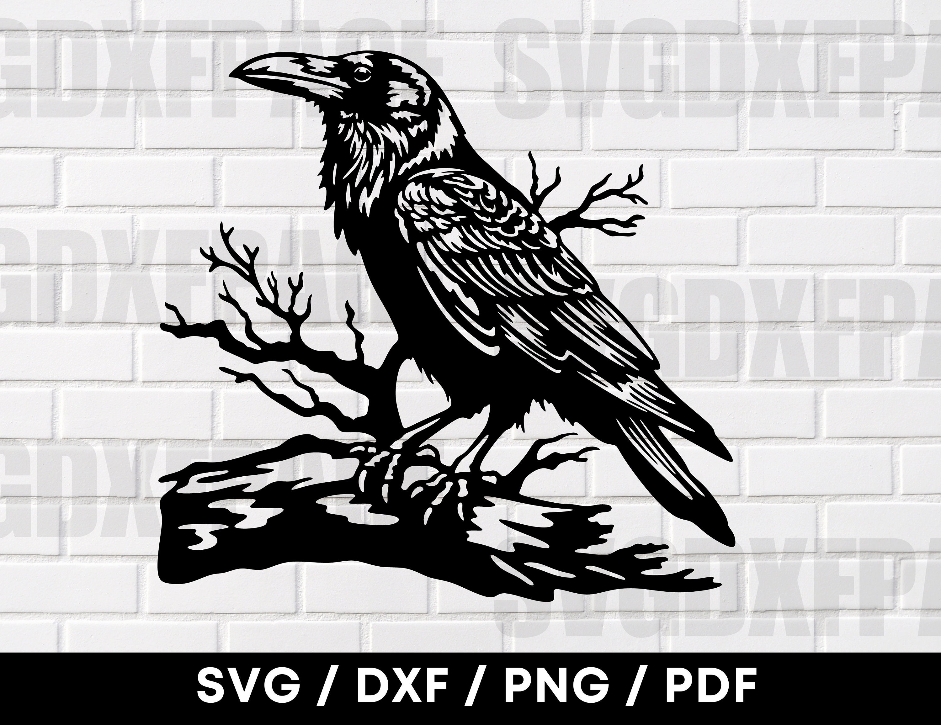 Raven Bird Sitting on A Branch Scene SVG DXF PNG, Raven Bird Svg, Crow ...