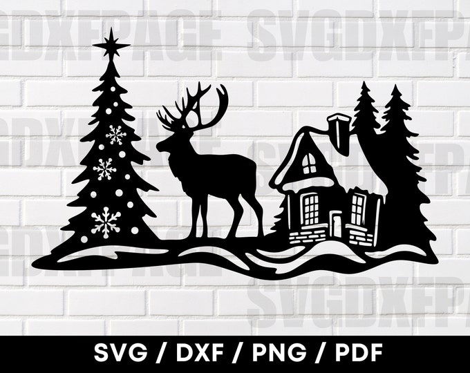 Christmas Tree Reindeer Scene SVG DXF PNG, Christmas Tree Svg, Reindeer ...