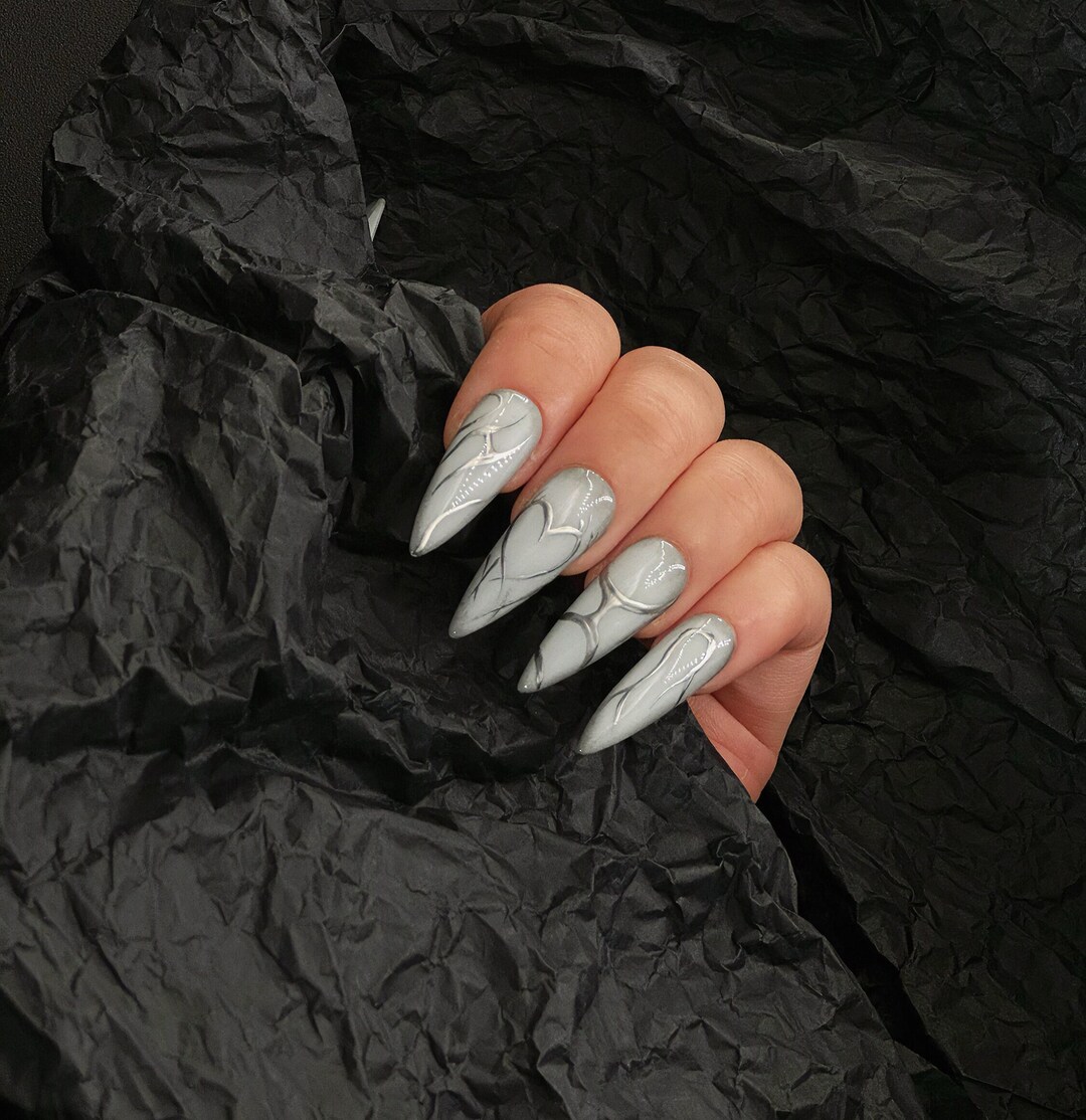 Mechanical Edgy Stiletto Press on Nail/ Silver 3d Nail/ 3d Nail/ Edgy ...