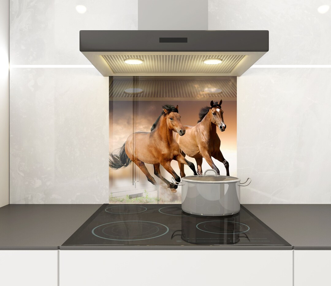 Tempered Glass Kitchen Splashback: Waterproof Cooker Panel, Horse Art ...