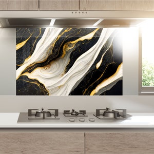 Tempered Glass Golden Abstract Backsplash Design-cooker Wall Backsplash ...