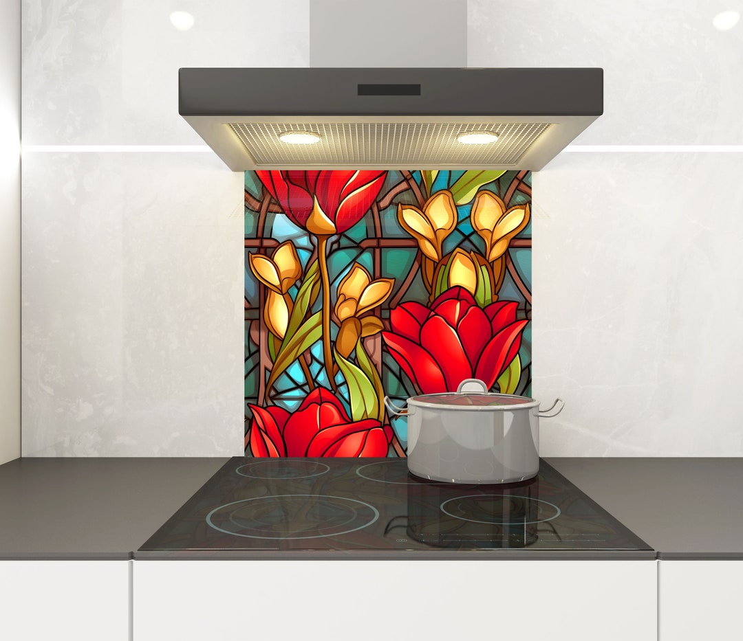 Kitchen Glass Splashback-tempered Glass Flower Backsplash Tile Kitchen ...