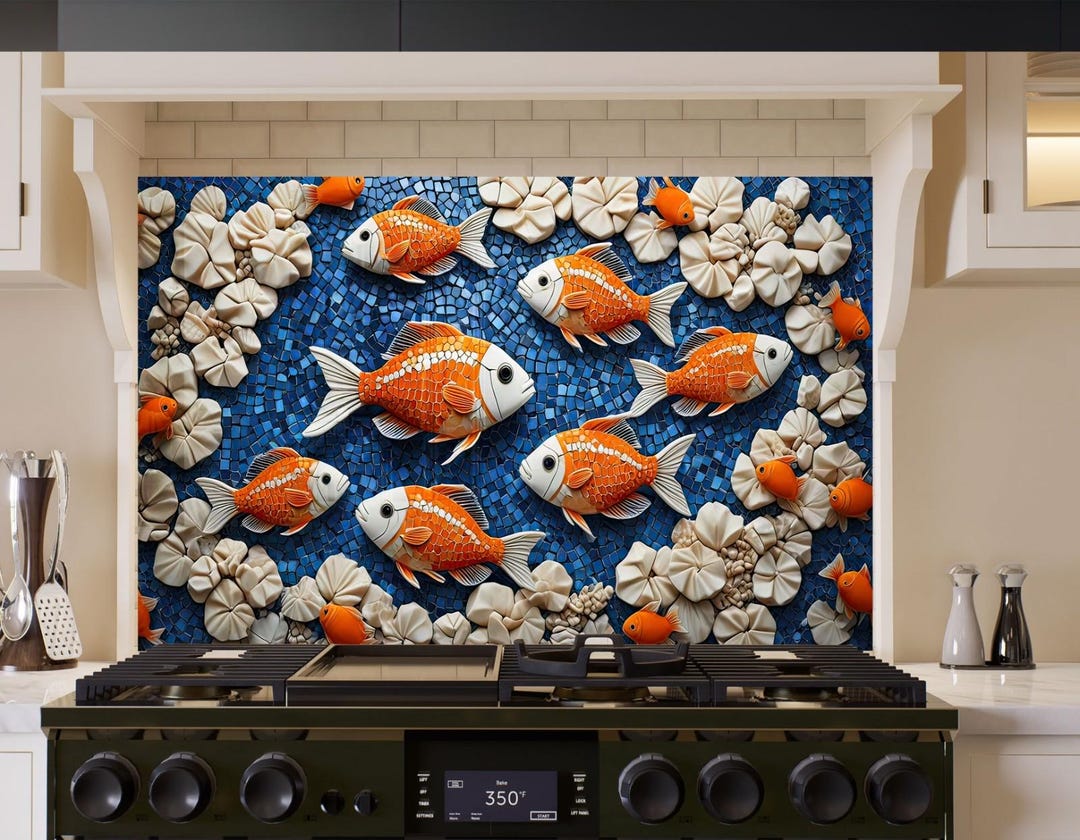 Tempered Glass Backsplash Mosaic Koi Fish Backsplash for Kitchen ...