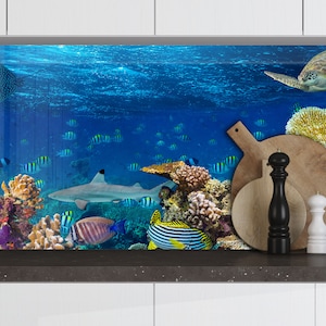 Sea Turtle Tempered Glass Kitchen Splashback: Underwater Aquarium Tile ...