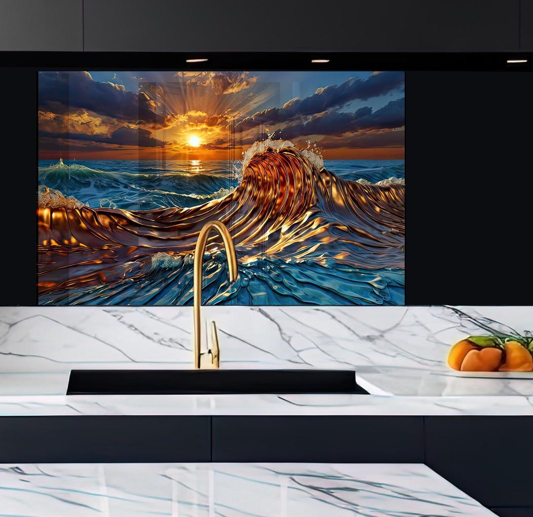 Tempered Glass Backsplash-sunset Waves in Tempered Glass-ocean Sunset ...