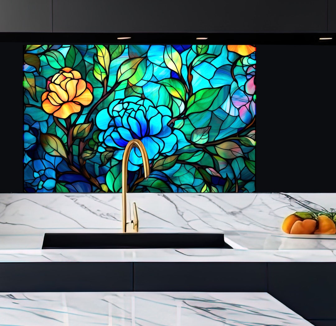 Kitchen Glass Splashback-tempered Glass Flower Backsplash Tile Kitchen ...