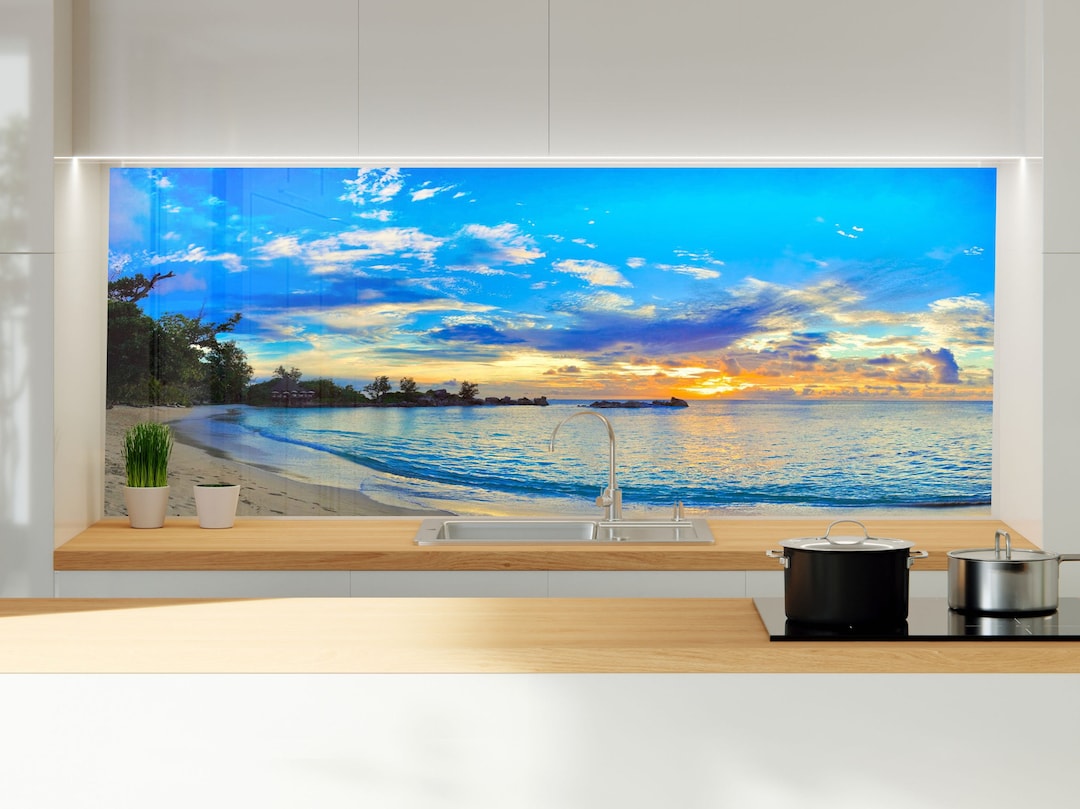 Tempered Glass Kitchen Splashback: Waterproof Cooker Panel, Beach View ...