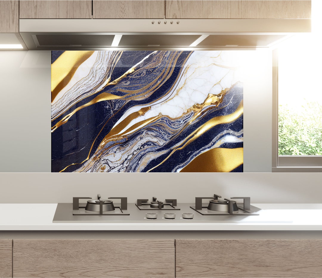 Tempered Glass Kitchen Splashback: Gold Blue Marble Design - Etsy