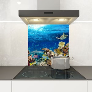 Sea Turtle Tempered Glass Kitchen Splashback: Underwater Aquarium Tile ...