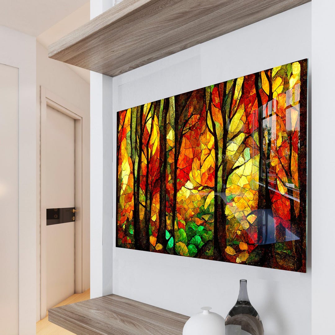 Abstract Forest Tempered Glass Wall Art – Autumn Tree Design With Warm ...