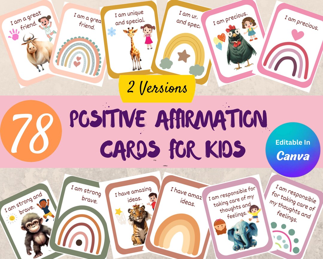 78 Cards, 2 Styles Positive Affirmation Card for Kids, Animal Cartoon ...