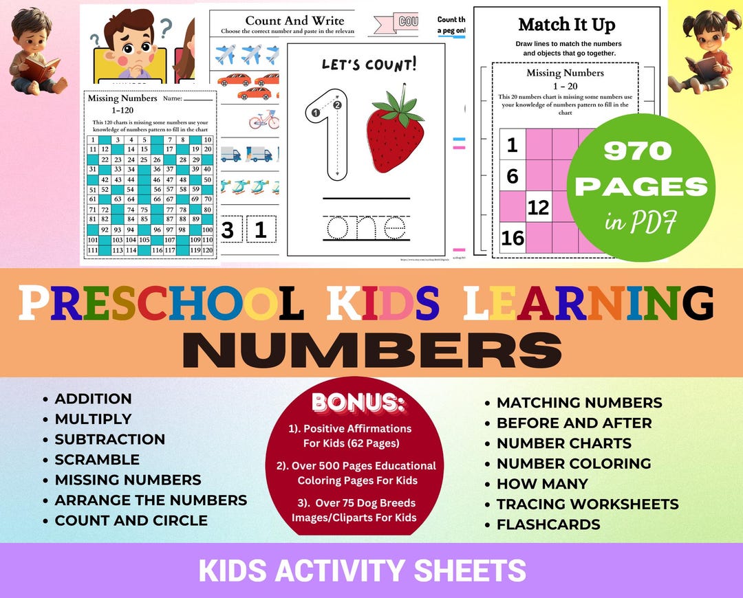 Preschool Kindergarten Kids Learning Numbers, Kids Activity Sheets ...