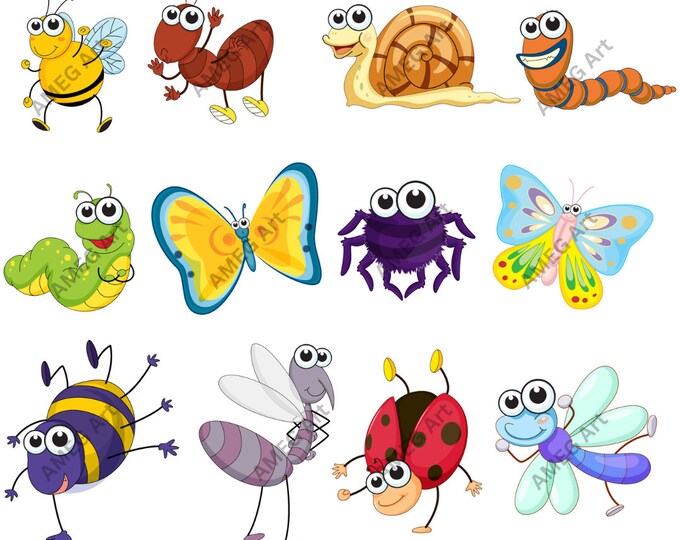 Cute Bugs Clipart, Insects, Spider, Dragonfly, Ant, Fly, Worm, Bees ...