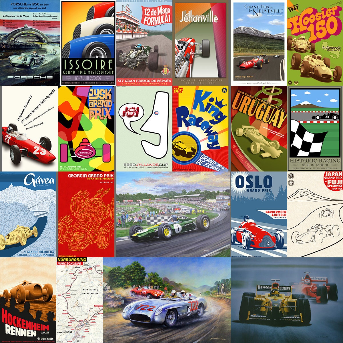 Set of 160 Vintage Car Racing Poster, Race Car Wall Art Print, Race Fan ...