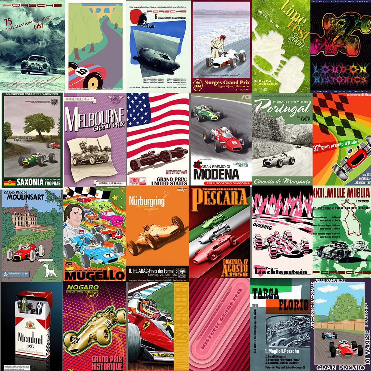 Set of 160 Vintage Car Racing Poster, Race Car Wall Art Print, Race Fan ...