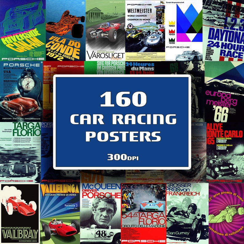 Set of 160 Vintage Car Racing Poster, Race Car Wall Art Print, Race Fan ...