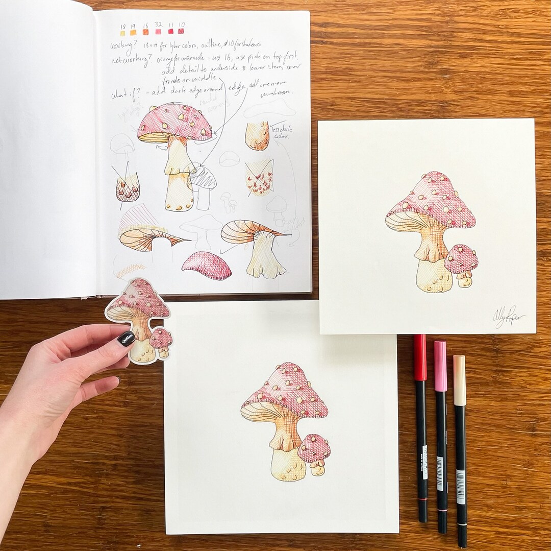 Red Mushroom Print, Art Treasure, Mushroom Decor, Hand Drawn, Marker ...