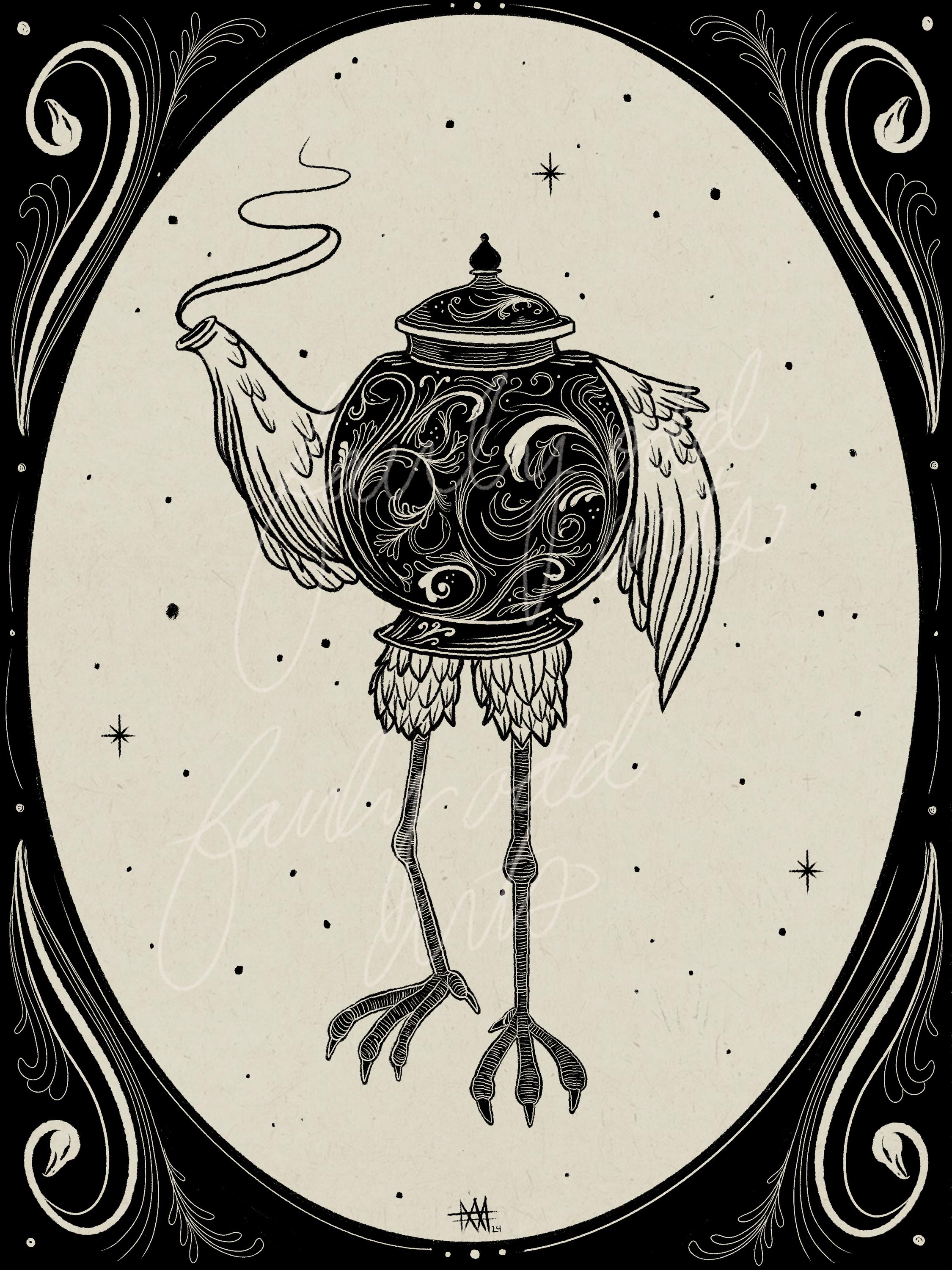 Linocut Style Bird Tea Pot Drawing | Art Print - Etsy