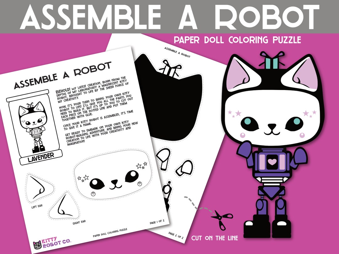 Assemble a Kitty Robot Paper Doll Coloring Puzzle Lavender Cut - Etsy