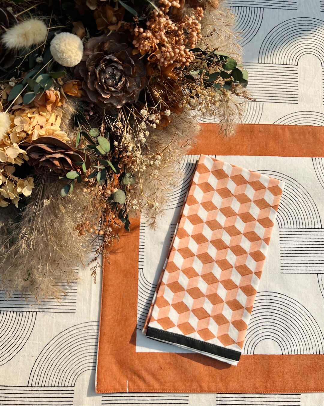 Hand Block Printed Cotton Napkins: Geometric Fall Table Decor, Set of 4 ...