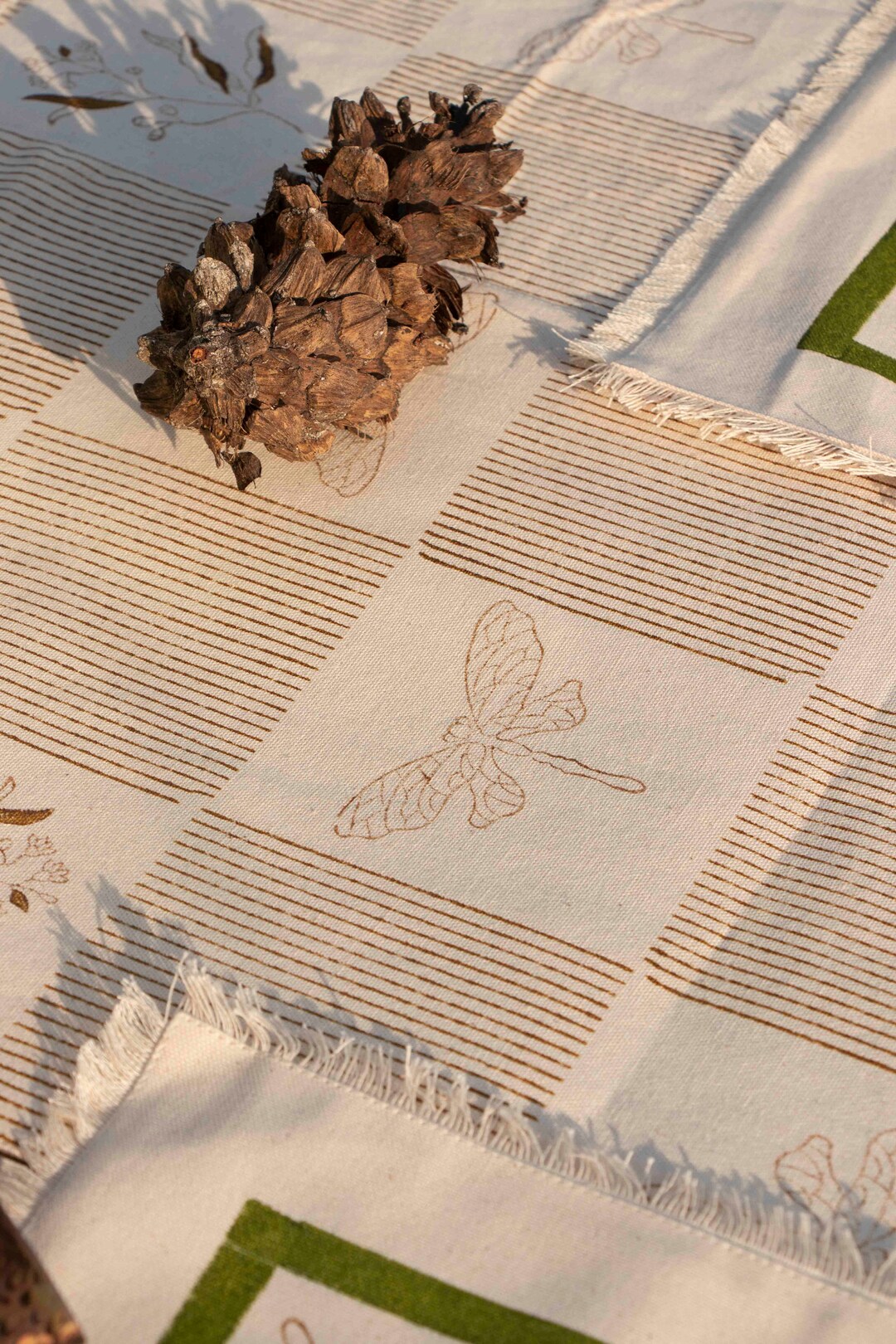 Dragonfly Tablecloth - Blockprint - Beige - Green - Stripes - 100% Pure ...