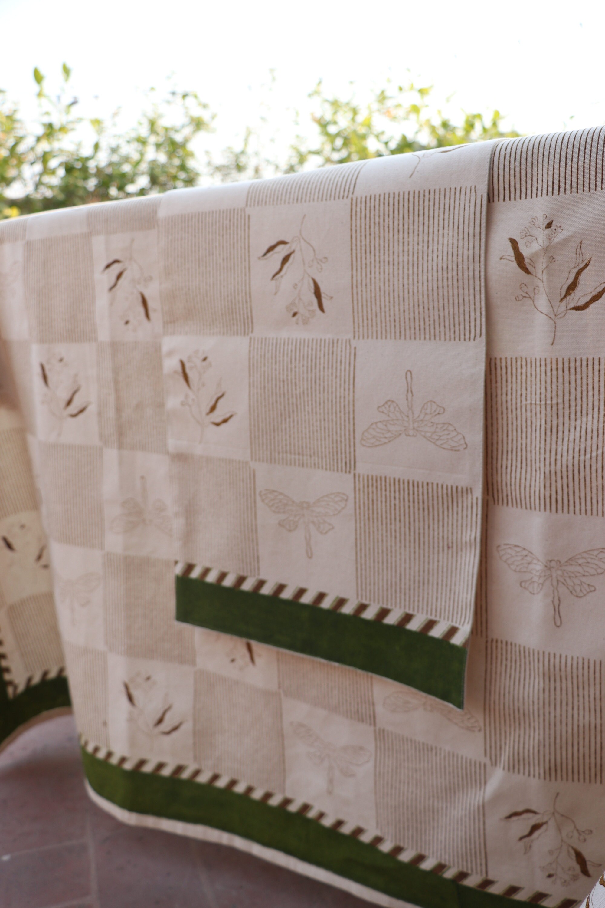 Dragonfly Tablecloth Blockprint Beige Green Stripes - Etsy