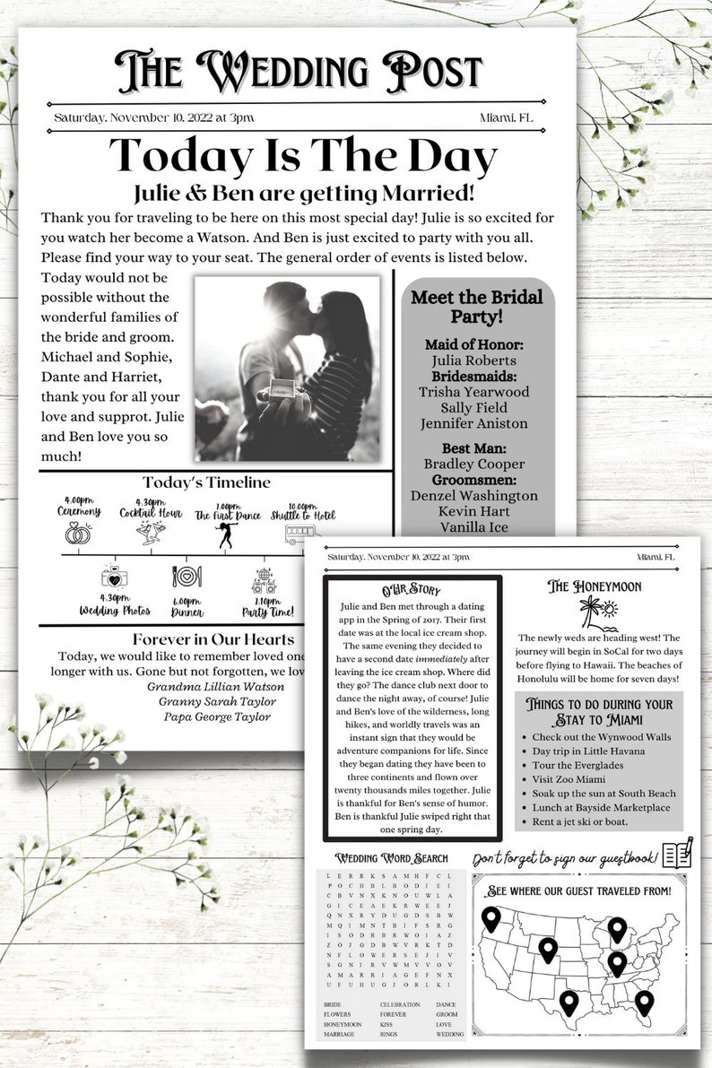 Newspaper Wedding Program, Wedding Newspaper, Printable Wedding Program ...