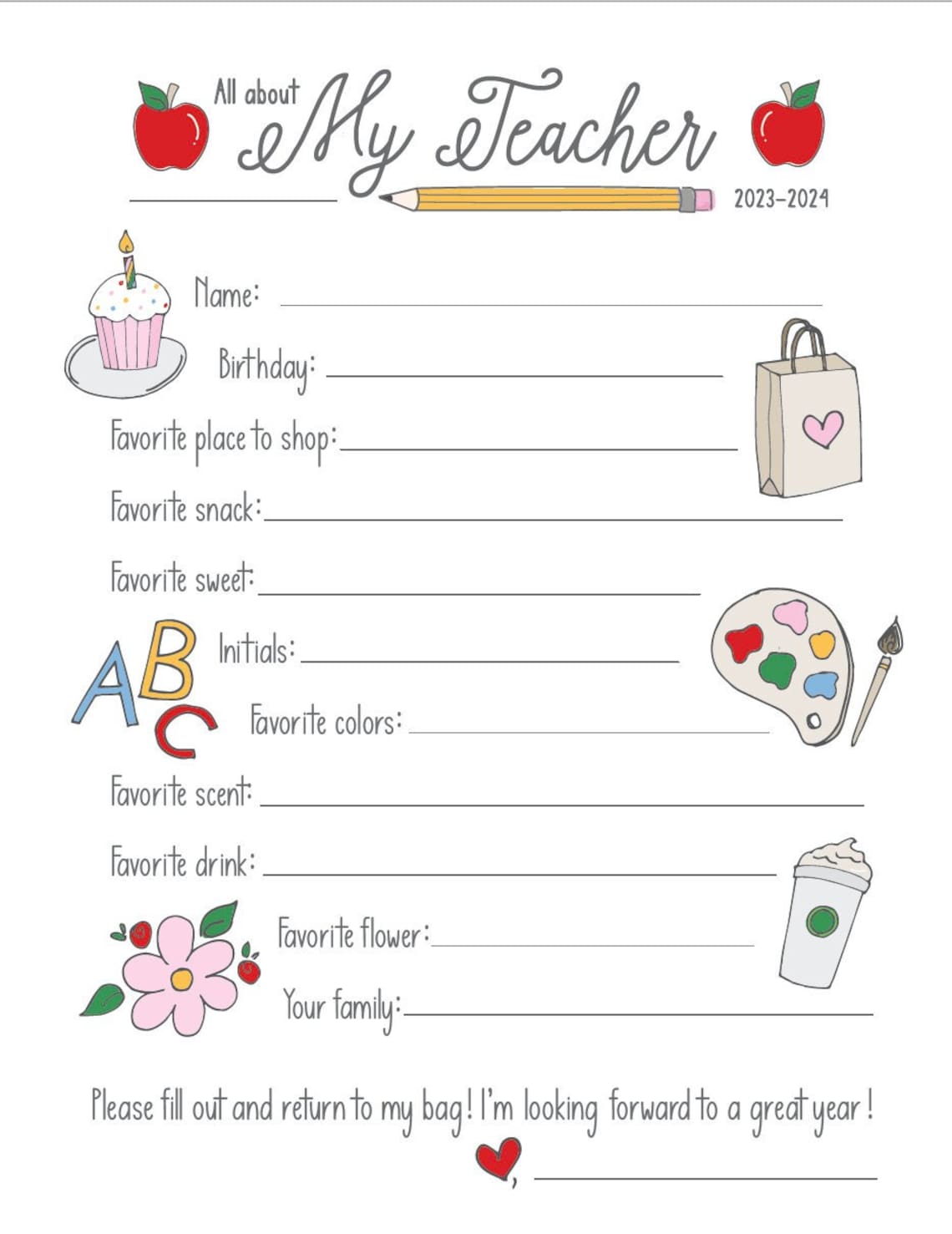 All About My Teacher Worksheet - Etsy