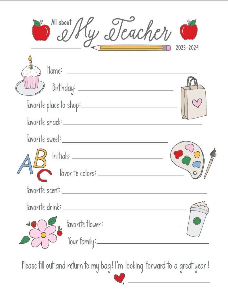 All About My Teacher Worksheet - Etsy