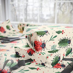 Christmas Bugs Gift Wrap Paper, Green and Red Beetles Wrapping Paper ...